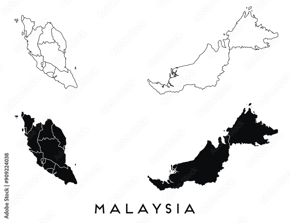 Malaysia map of regions districts vector black on white and outline ...