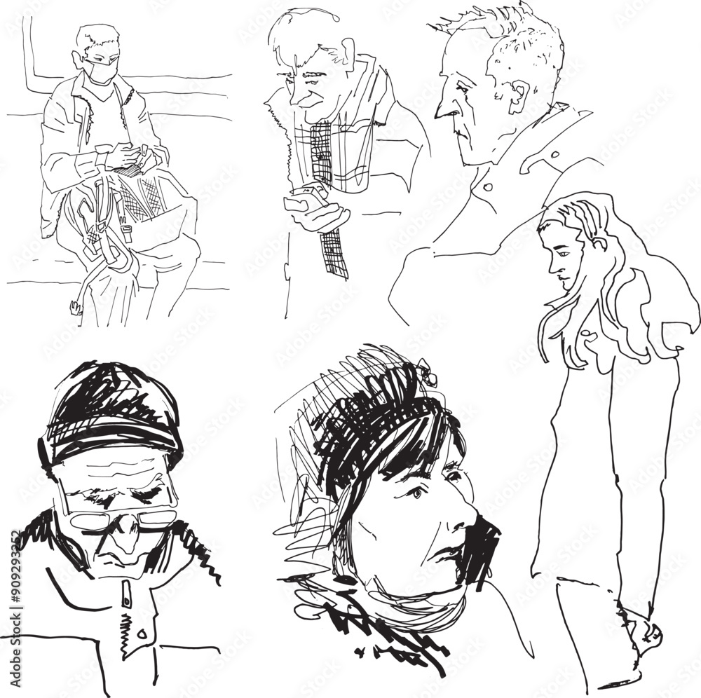 Tired Old Men portrait profile lady Woman ink spot drawing Sitting ...