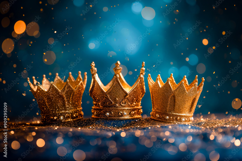 Three gold shiny crowns on festive background. Three Kings day or ...