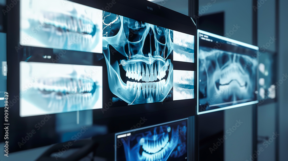 Multiple holographic displays show different angles and crosssections of a patients dental ...