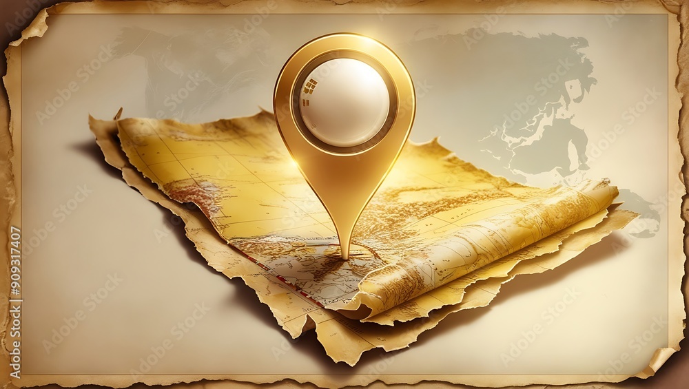 golden map location pin on a detailed world map. golden point of ...