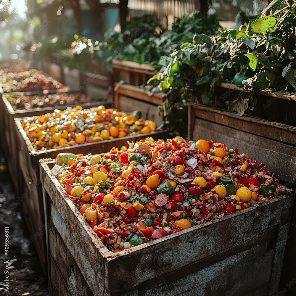 A composting site turning organic waste into compost, representing ...