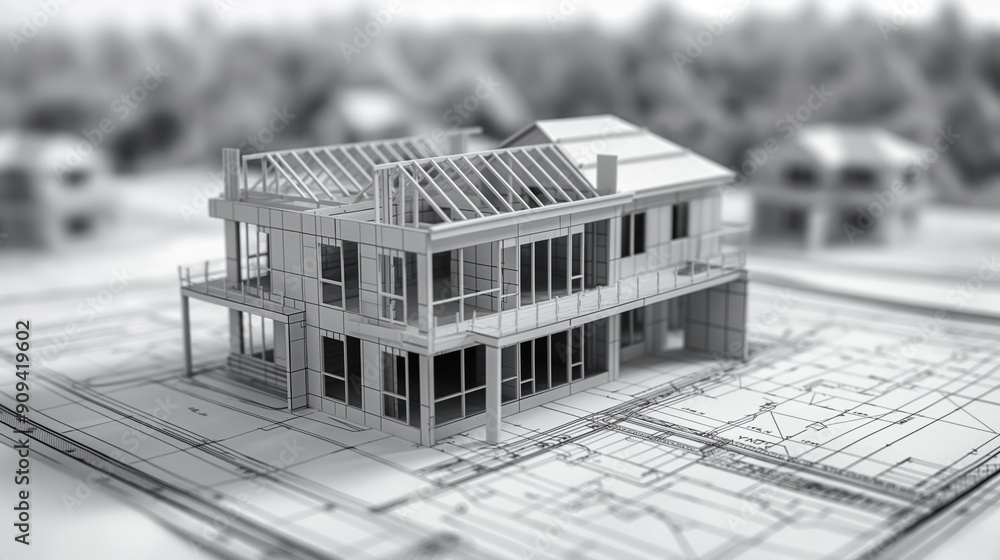 Architectural model of a modern house placed on detailed blueprints ...
