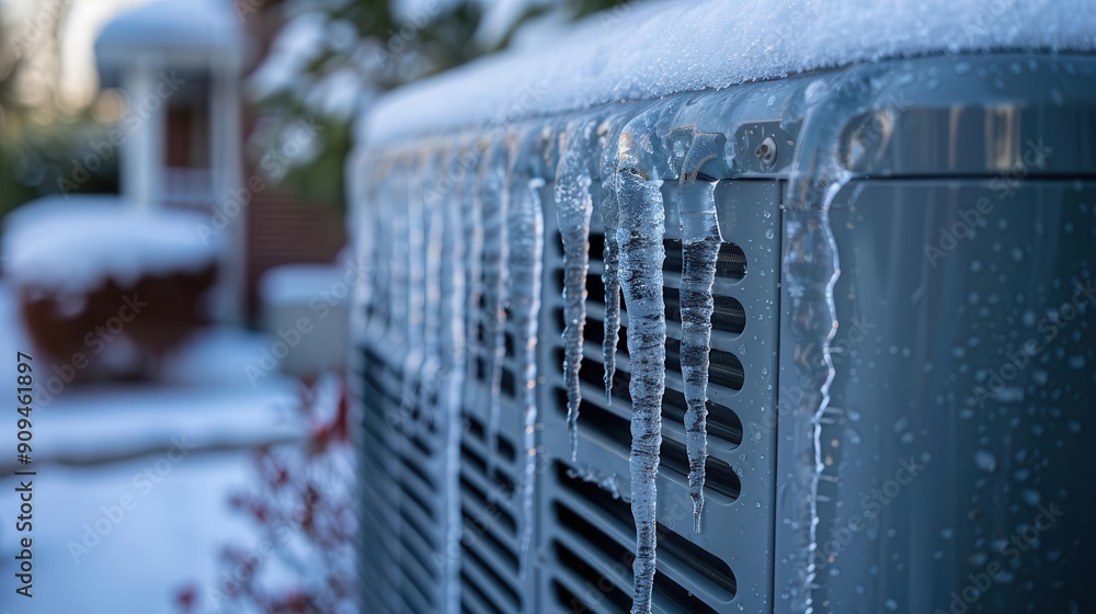 snowcovered outdoor air conditioning unit icicles forming on vents ...
