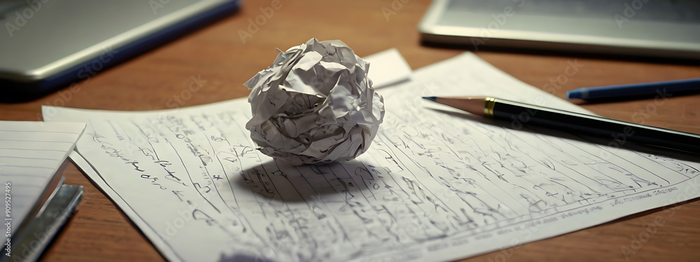 A Crumpled Paper Ball Next to a Pencil on a Desk with Smudged Notes ...