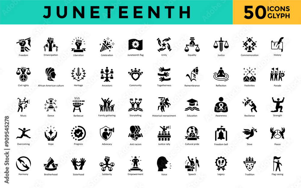 Juneteenth icon set with freedom, emancipation, liberation, celebration ...