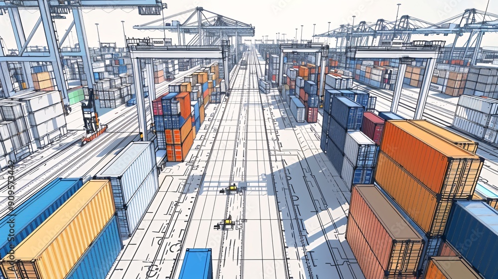 Clear and detailed 3D shading drawing of a busy logistics port with ...