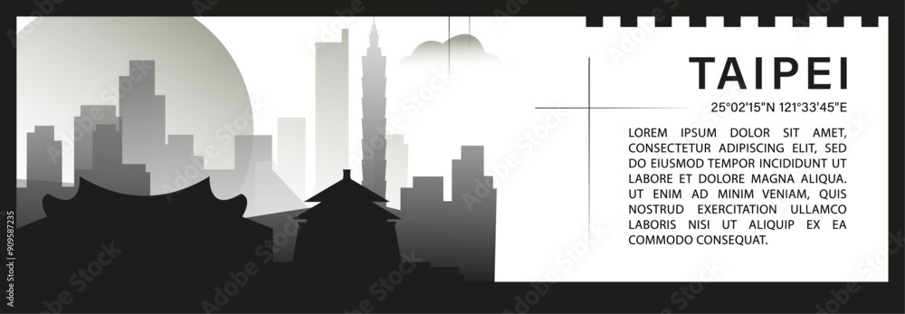 Taipei skyline vector banner infographic, black and white minimalistic ...