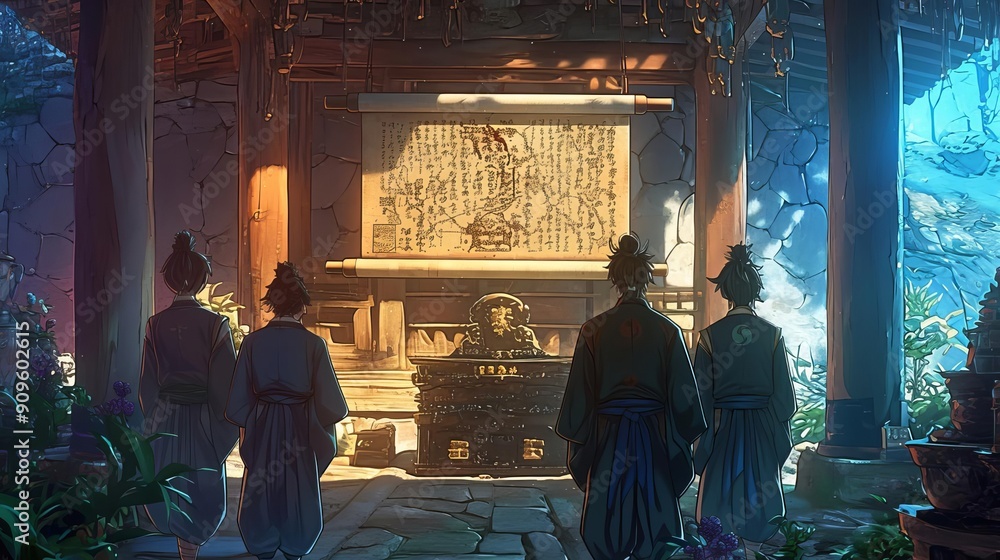 Historical Discovery An anime scene where a group of adventurers finds ...