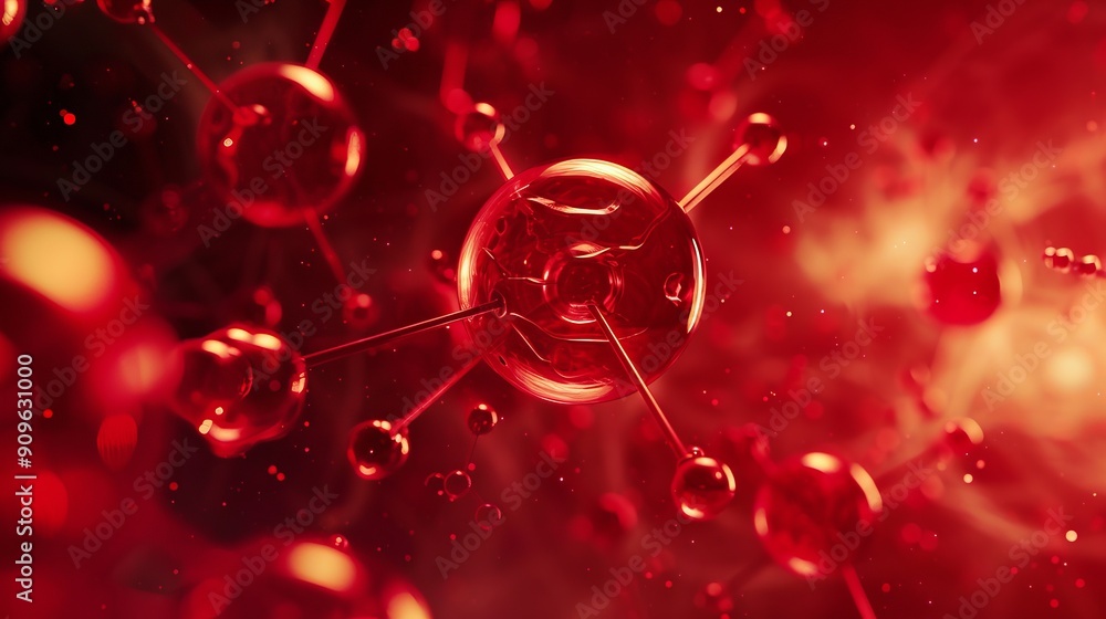 Abstract science background featuring a red atom with interconnected ...