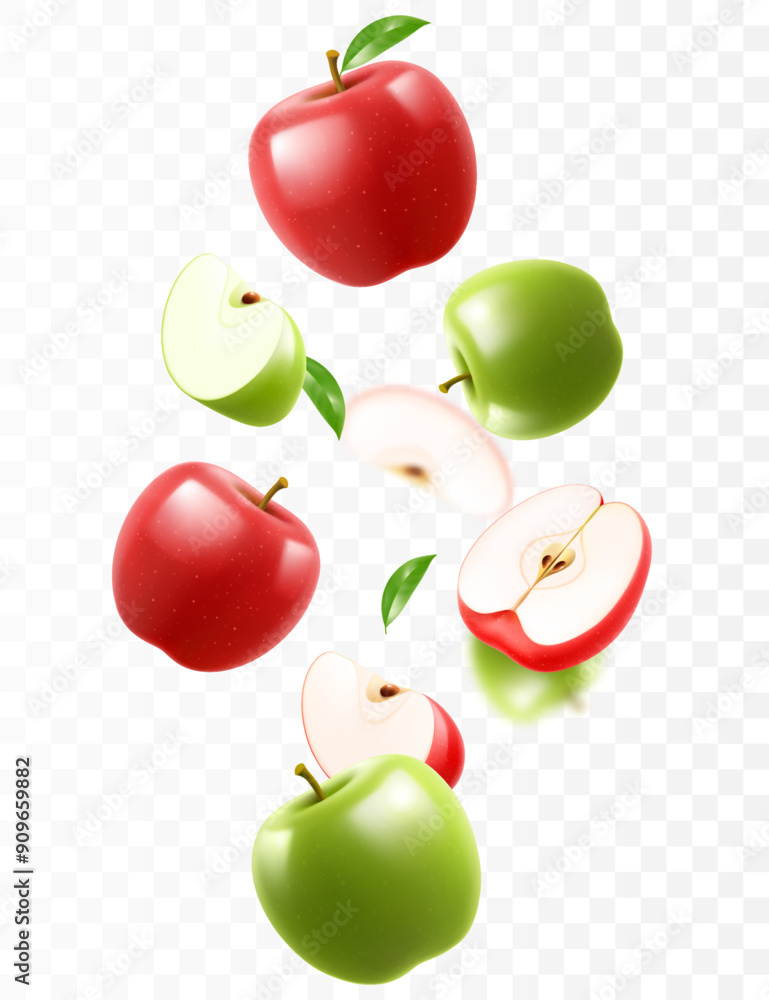 Flying red and green juicy apples. Bright background falling apples ...