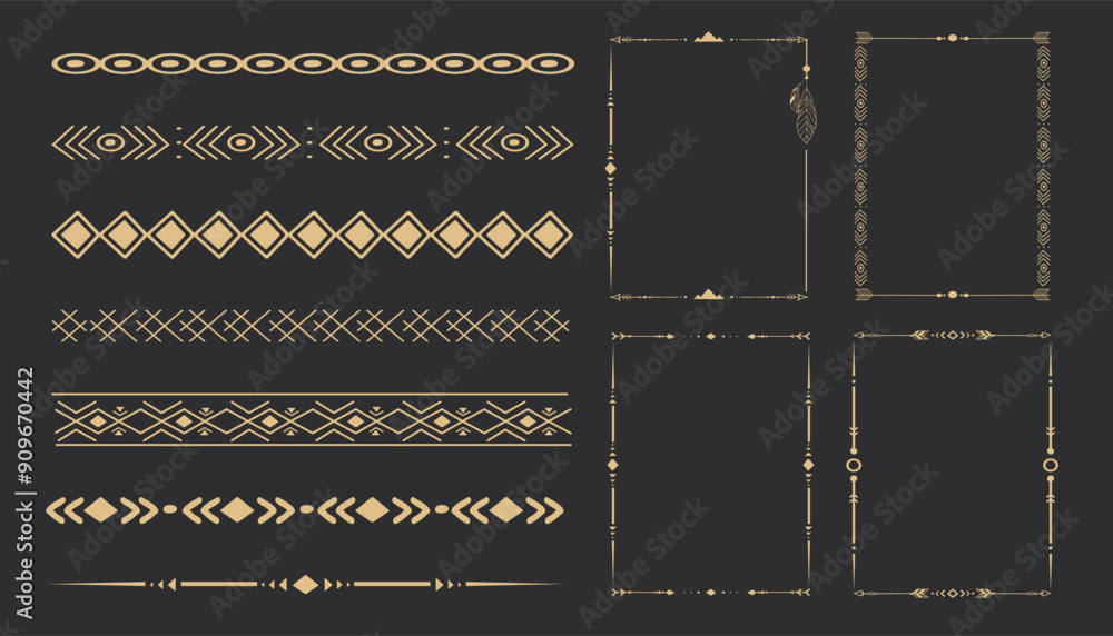 Gold frame set with tribal native indian arrow, ornament. Border thin ...