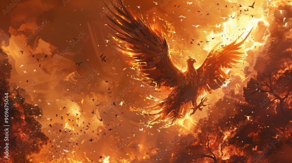 phoenix rising from the ashes, fantasy art style, fire and flames in ...