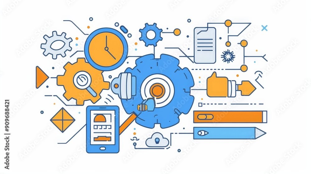 workflow systems, showcasing tools, schedules, and efficiency symbols ...