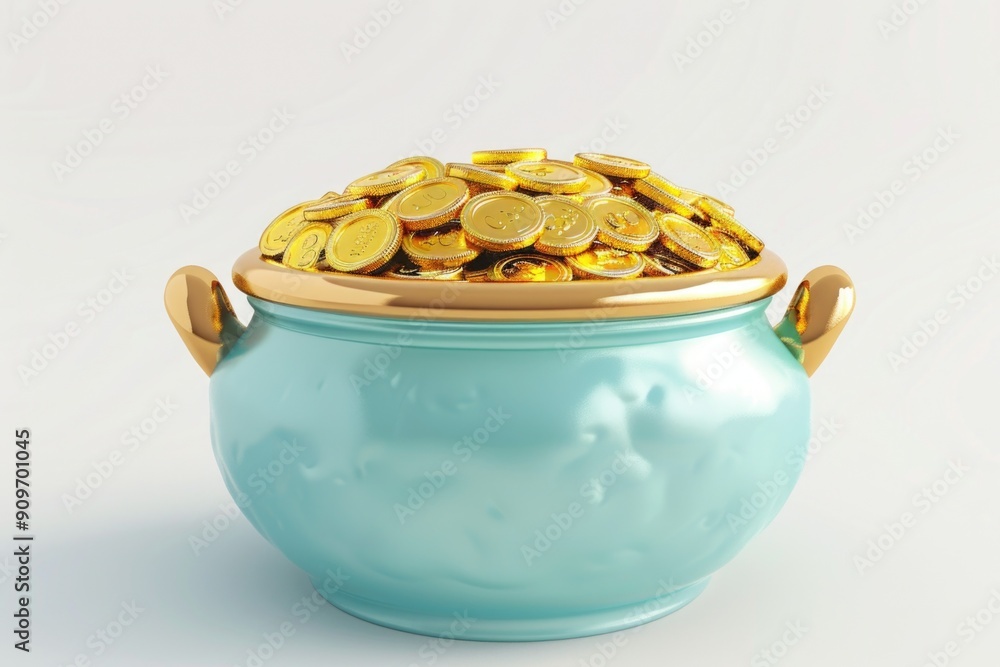 3D Cartoon-Style Overflowing Pot of Gold Coins - Wealth, Prosperity ...