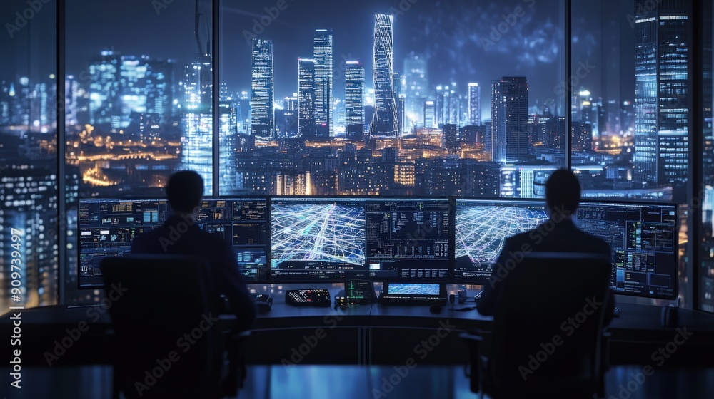 Two operators monitor city traffic and infrastructure from a high-tech ...