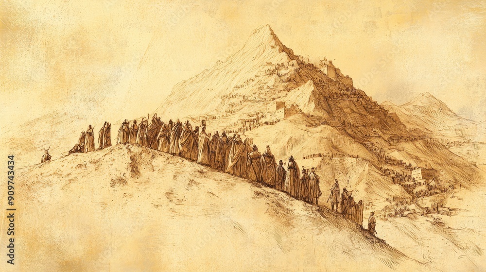 Biblical Illustration of Israelites Camped Around Mount Sinai, Moses ...