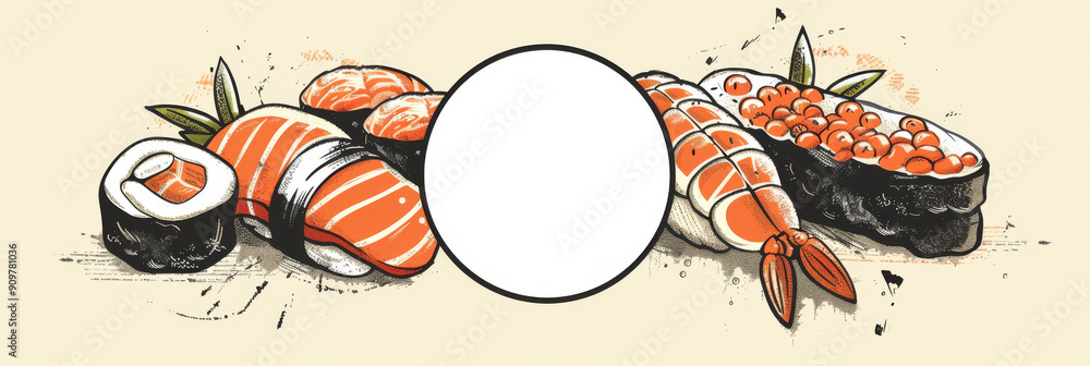 Sushi food logo, seafood rolls label, Japanese cuisine symbol ...