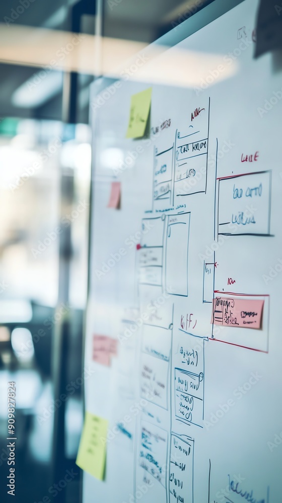 Whiteboard with sticky notes and hand-drawn diagrams for brainstorming ...