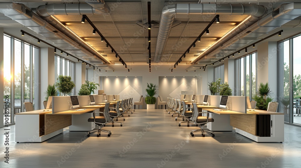 Modern Open Concept Office Space With Large Windows and Ergonomic ...