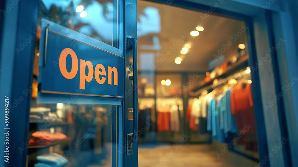 Modern clothing boutique store front with sign board Open on glass door ...
