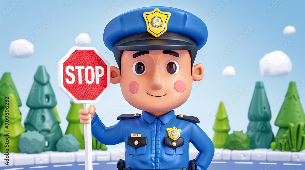 Police Officer Holding Stop Sign in Cartoon Style. Animated Police ...