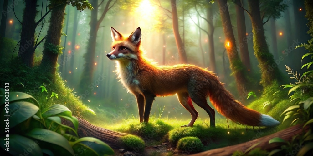 Mystical fox-like creature glowing in a lush forest , ethereal ...