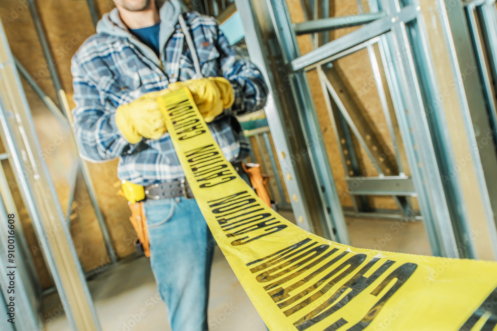 Construction Worker Handling Caution Tape at a Building Site During ...
