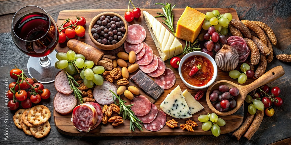 Wine pairing charcuterie board featuring a variety of meats, cheeses ...