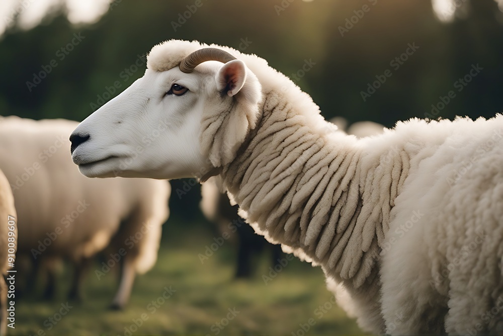 side sheep away looking view farm animal standing horizontal half face ...