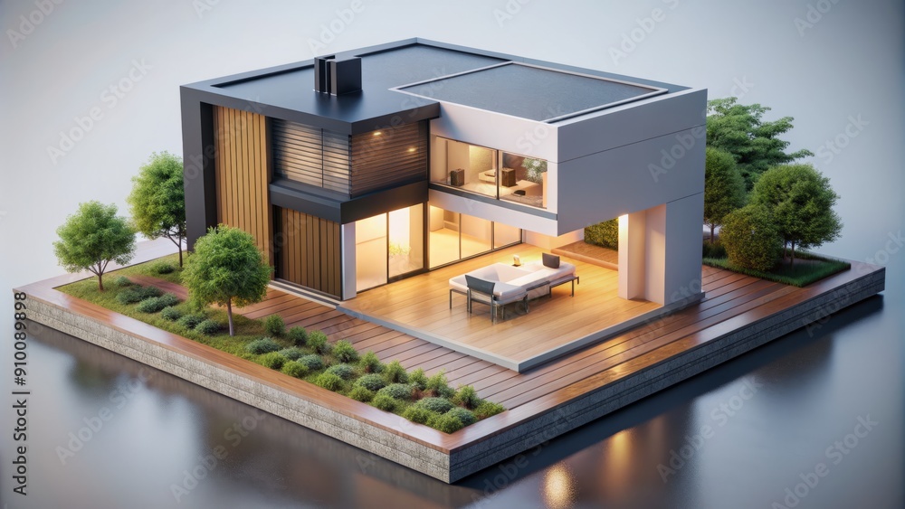 Minimalist modern 3d small house model showcased on a sleek ...