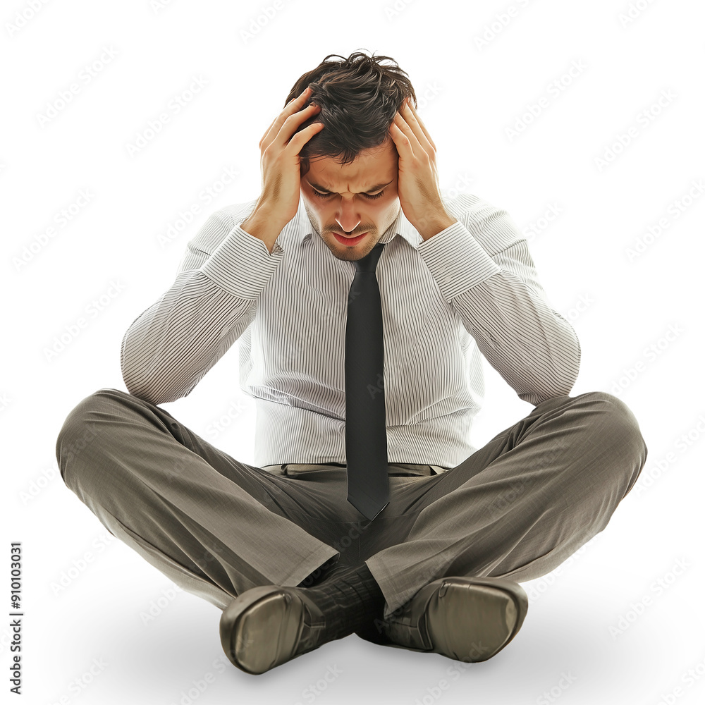 Downcast businessman sitting with head in hands, expression etched in ...