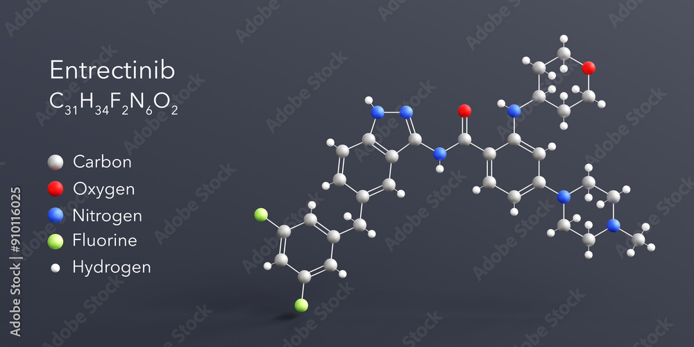 entrectinib molecule 3d rendering, flat molecular structure with ...