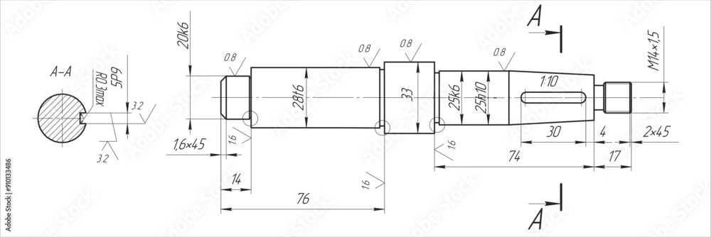 Assembly drawing of speed drive shaft. Vector cad scheme of part of ...
