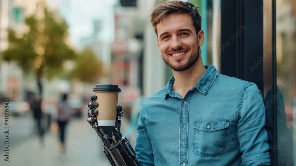 young smiling man with a prosthetic hand holding a cup of coffee on a ...