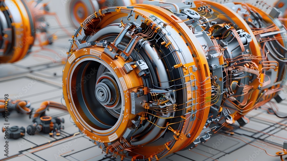 Complex 3D model of an electric motor with exploded views showing the ...