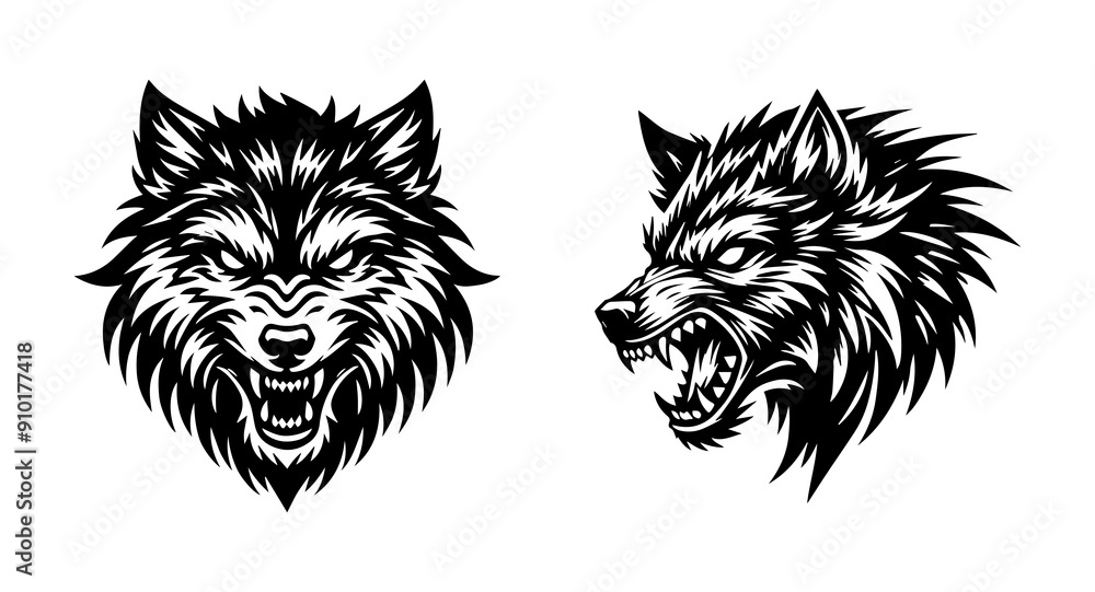 A silhouette of a wolf head On white background, A werewolf attacking ...