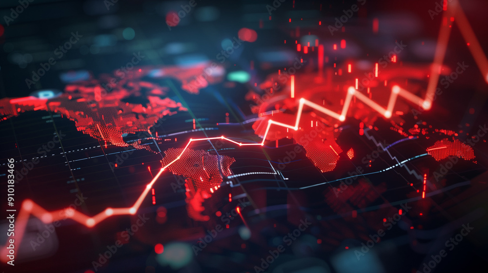Global financial data visualization. Red line graph over world map. Economic trends analysis ...