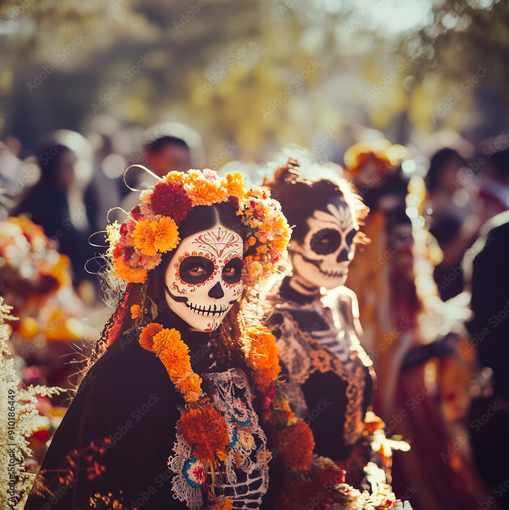 ภาพถ่าย Stock women in Katrina mask celebrating "día de muertos" with ...