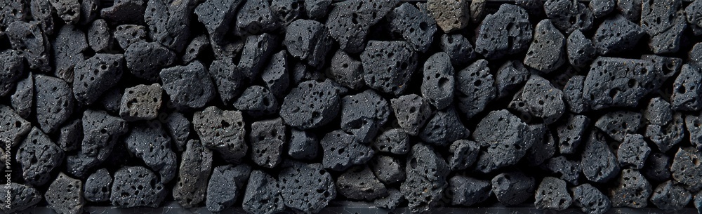 Volcanic rocks are stacked neatly, showcasing their rugged texture and ...