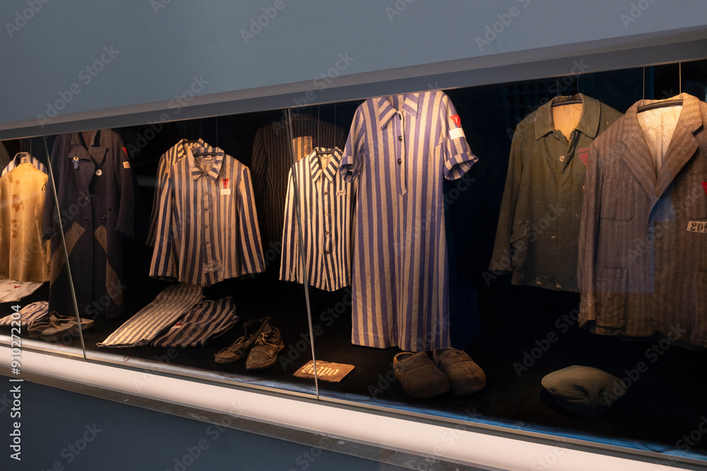 Museum concentration camp Buchenwald. Prisoner uniforms with colored ...