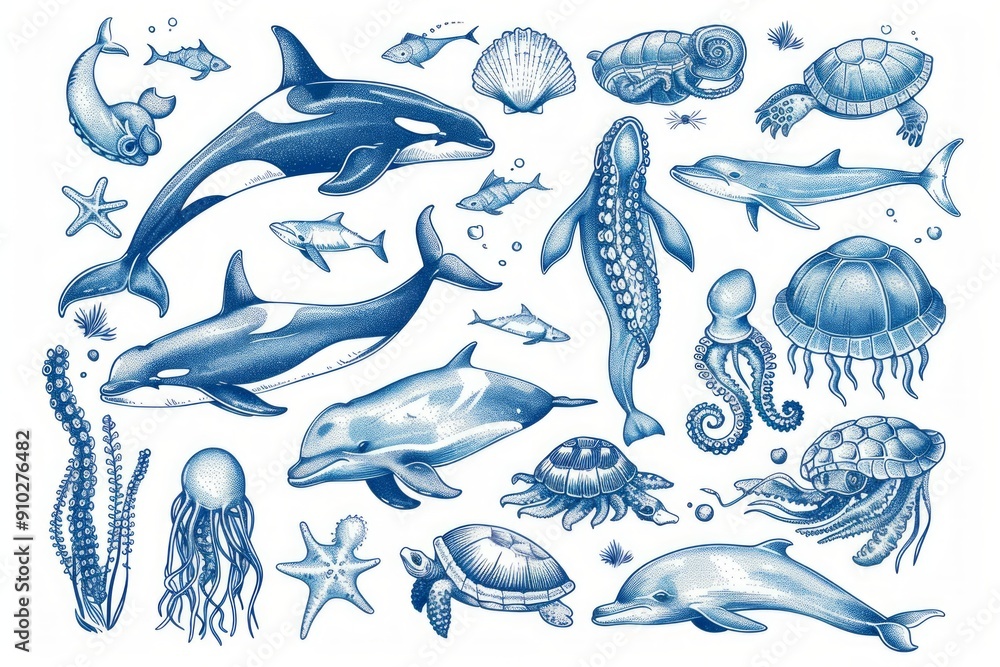 Blue sea creatures illustration. Big vector collection, isolated ...