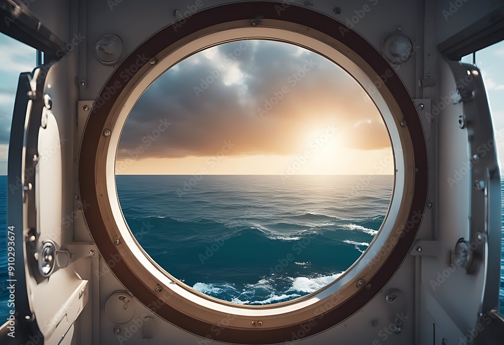 porthole ship sea illustration window 3d horizon battleship white frame ...