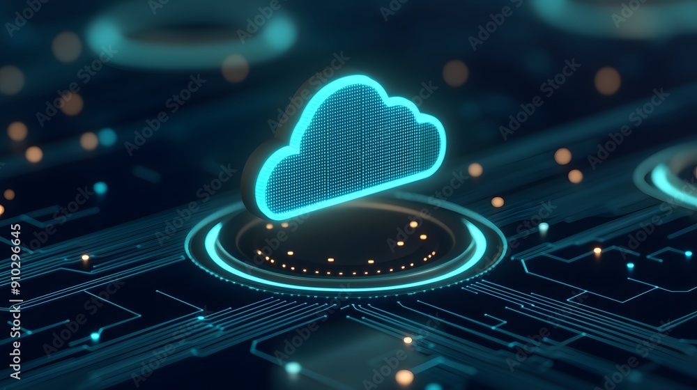 Futuristic cloud computing technology concept. Digital cloud icon hovering over a circuit board ...