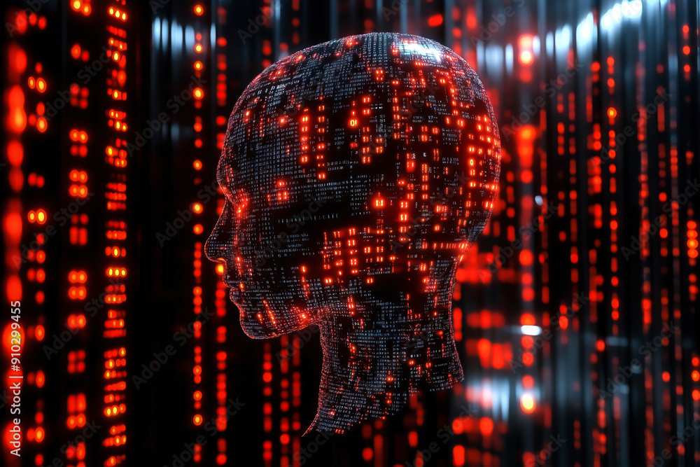 Digital human head silhouette among red matrix code, representing AI ...