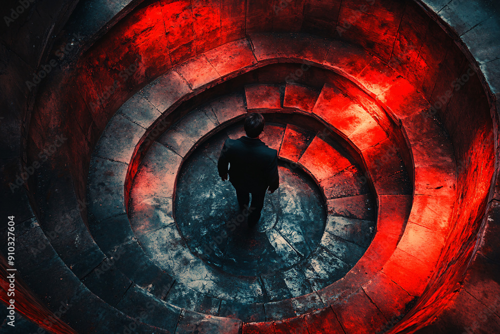Time Traveler Man walking around large red-illuminated clock face ...