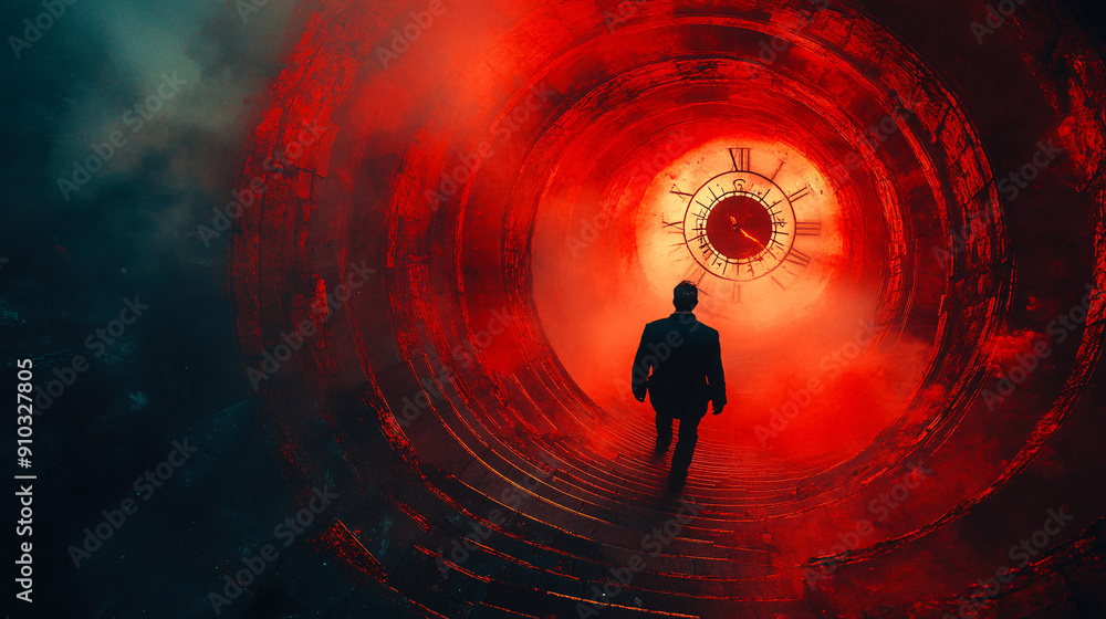 Time Traveler Man walking around large red-illuminated clock face ...