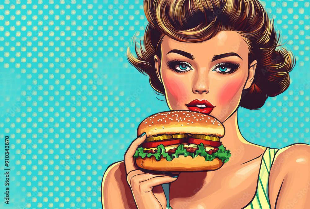 Expressive Pop Art Female Portraits with burger. Urban Backdrop 1960s ...
