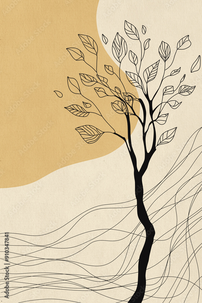 Minimalist abstract tree growing from wavy lines background Stock ...