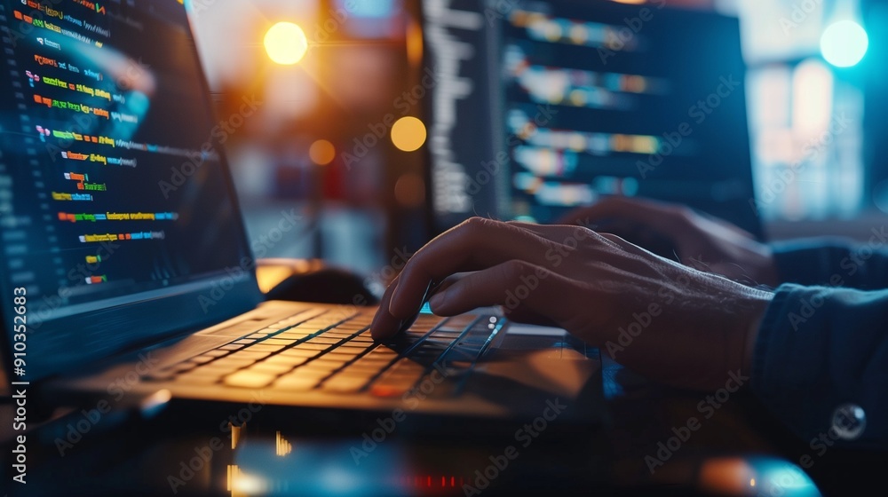 Programmer working on their professional development types on a laptop computer keyboard. Coding ...